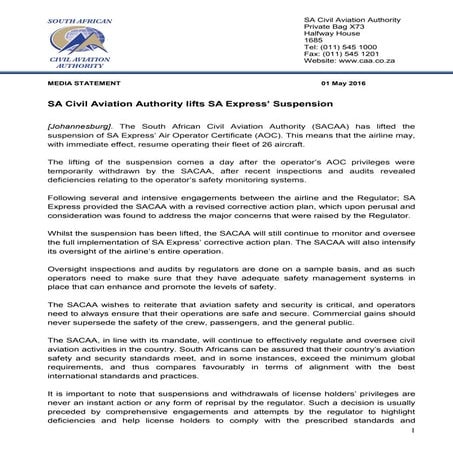 Sa civil aviation authority lifts SA Express’ suspension | PDF