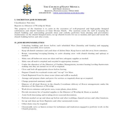 St. Monica: Sacristan Job Description | DOCX
