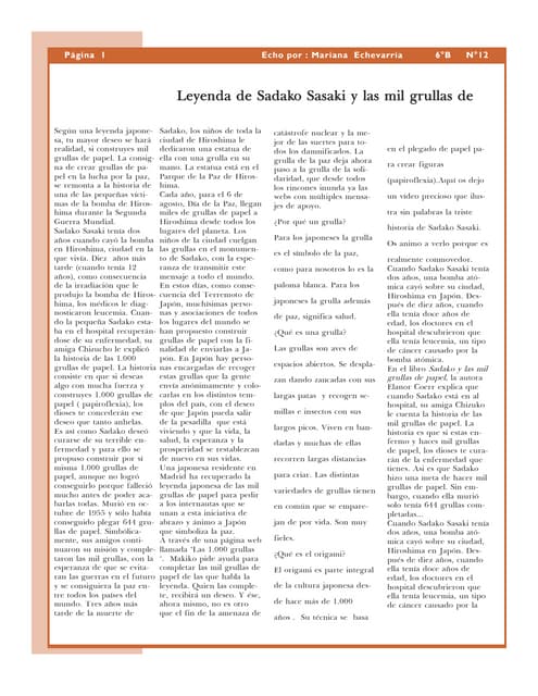 Leyenda de sadako sasaki y las mil grullas de ruben | PDF
