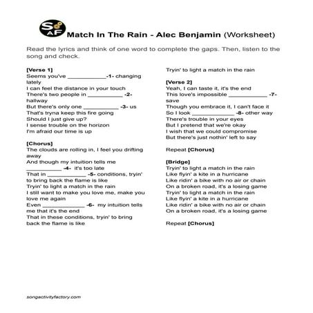Worksheet Reading & Use of English P2 [B2] Song Lyrics (Alec Benjamin ...