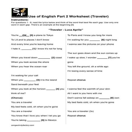 Worksheet Reading & Use of English P2 [B2] Song Lyrics (traveler) | PDF