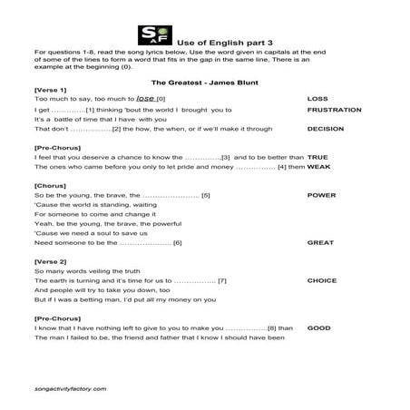 Worksheet Reading & Use of English P3 [B2] Song Lyrics (James Blunt) | PDF