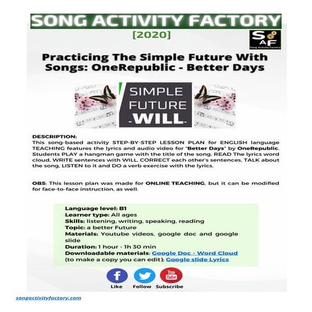 Practicing The Simple Future With Songs: OneRepublic - Better Days | PDF