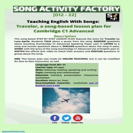 TRAVELER: A SONG-BASED LESSON PLAN FOR CAMBRIDGE C1 ADVANCED [TEACHING ...