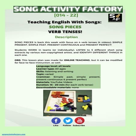 REVIEWING VERB TENSES WITH SONGS: SONG PIECES! (TEACHING WITH SONGS) | PDF