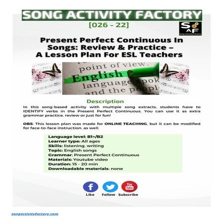 Present Perfect Continuous In Songs: Review & Practice – A Lesson Plan ...