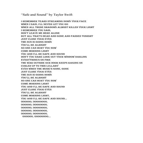 Safe and Sound lyrics by Taylor Swift | DOCX