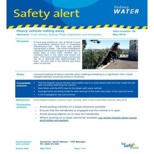 Safety alert 06 2018 - heavy vehicle rolling away | PDF | Commercial ...