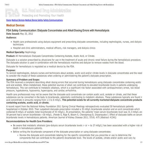 Safety communications fda safety communication dialysate concentrates ...