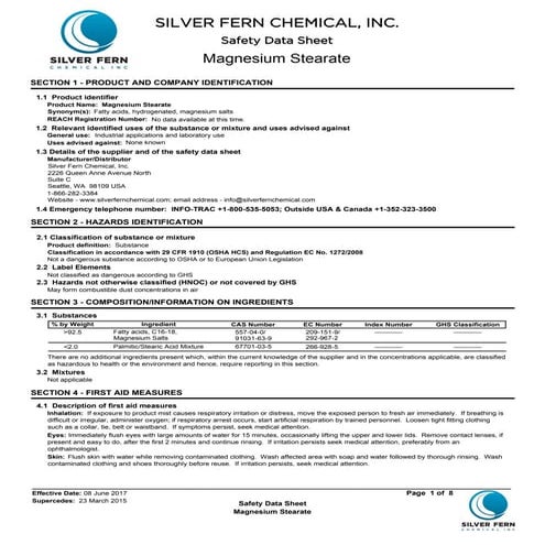 Safety Data Sheet of Magnesium Stearate | PDF