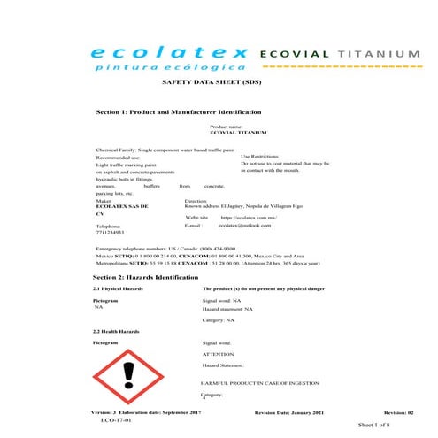 Safety data sheet (sds), ecovial titanium, eanglish | PDF | First Aid ...
