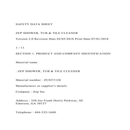 Safety Data Sheet Zep Shower Tub And Tile Cleaner Ver Docx