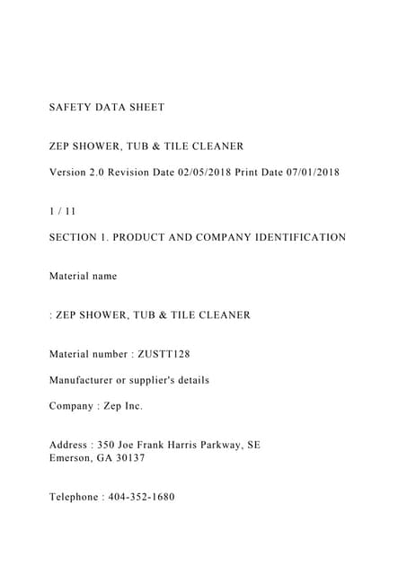 Safety Data Sheet Zep Shower Tub And Tile Cleaner Ver Docx