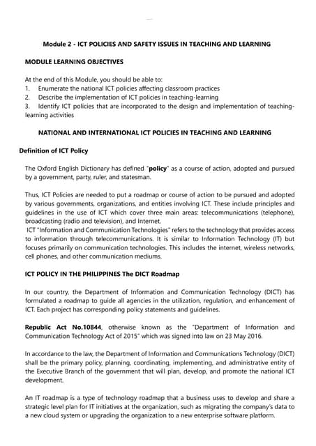 ICT POLICIES, ICT SAFETY ISSUES AND USES OF ICT IN TEACHING AND LEARNING | PPTX