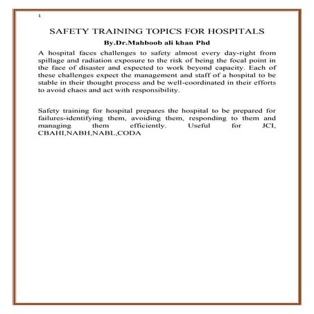 SAFETY TRAINING TOPICS FOR HOSPITALS .By.Dr.Mahboob ali khan Phd | PDF
