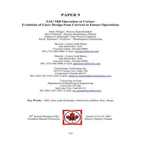 Sag mill-operation-at-cortez evolution-of-liner-d-11 | PDF