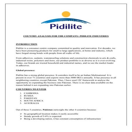 12C analysis of Pidilite for Emerging market Pakistan | BERI Index | PDF