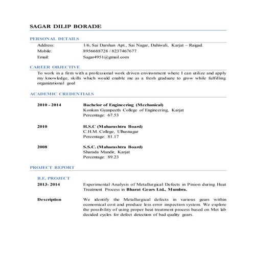 Sagar Borade (B.E. Mechanical) updated CV | DOCX