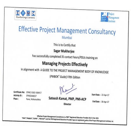 Sagar Mukherjee PMP Training Certificate | PPT