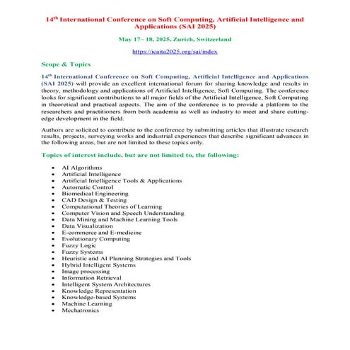 14th International Conference on Soft Computing, Artificial Intelligence and Applications (SAI ...