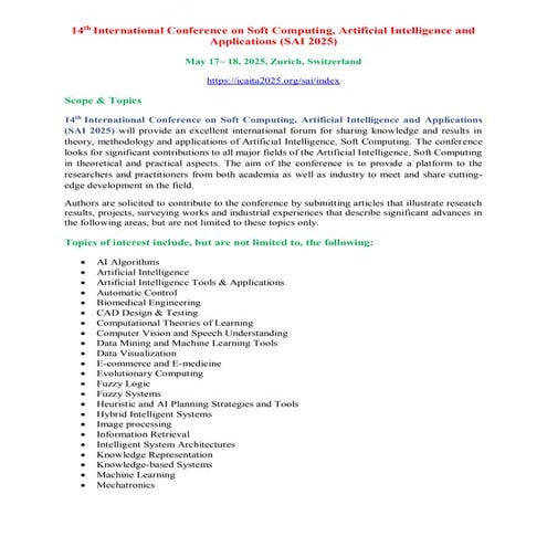 15th International Conference on Artificial Intelligence, Soft Computing and Applications (AIAA ...