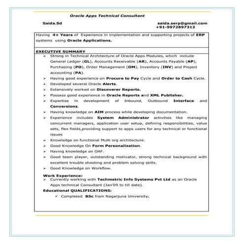 Saida oracle apps technical consultant | DOCX | Databases | Computer Software and Applications