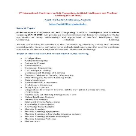 CFP-6th International Conference on Soft Computing, Artificial Intelligence and Machine Learning ...