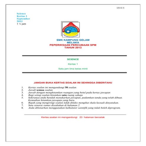 Sains spm trial kertas 1 2013 | PDF