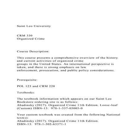 Saint Leo University CRM 330 Organized Crime .docx | Crime & Harmful Acts to Individuals ...