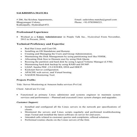 Sai resume updated | DOC | Operating Systems | Computer Software and Applications