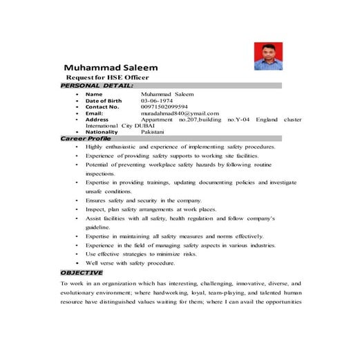 Saleem cv hse coordinator 2 | DOCX | Business | Business and Finance