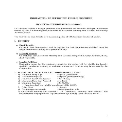 Sales brochure lic's jeevan vriddhi | PDF