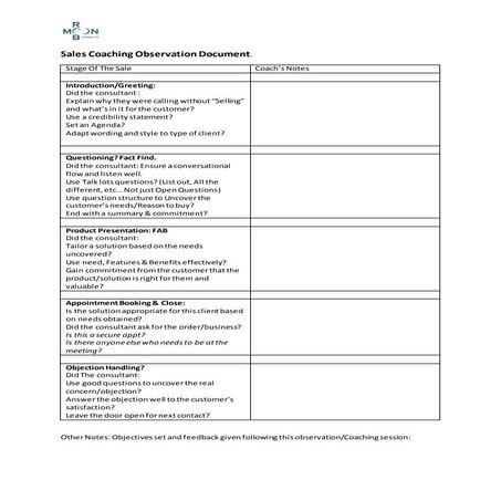Sales coaching observation document | DOCX