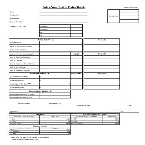 Sales Commission Claim Sheet for Medical Device Company | PDF