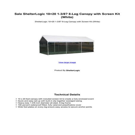 Sale shelter logic 10x20 1 38 8-leg canopy with screen kit white | PDF
