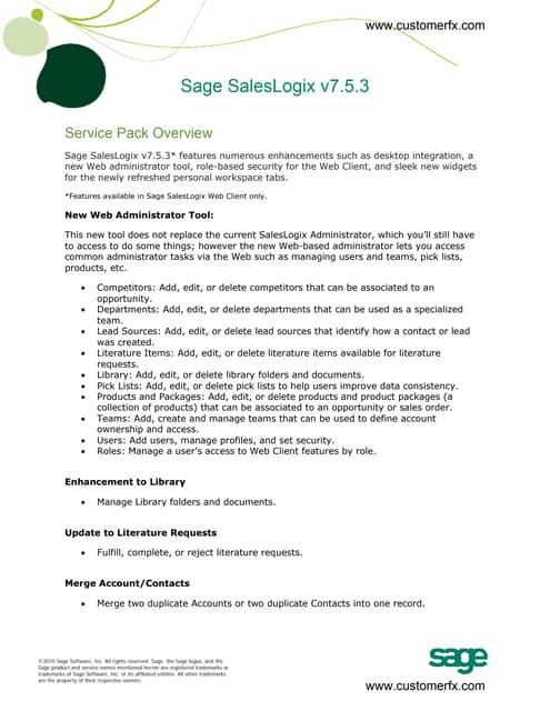 SalesLogix 7.5 SP2 Upgrade Comparison Chart | PDF