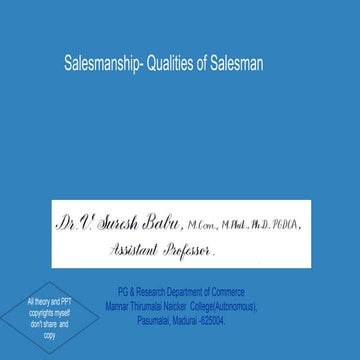 Salesmanship qualities of salesman -iv unit | PPTX | Sales | Business