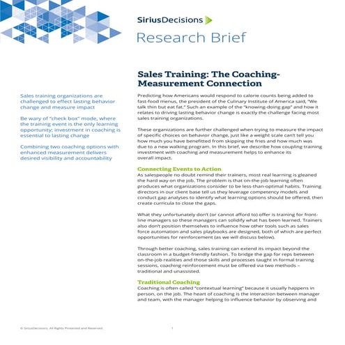 SiriusDecisions Sales Enablement Research Brief: Sales Training: The ...