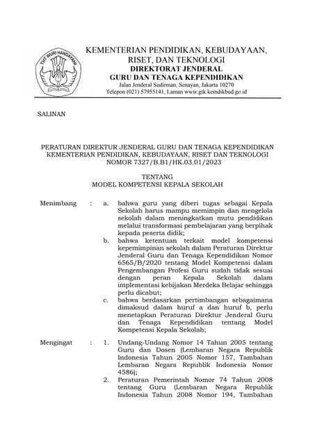 Model Kompetensi Kepala Sekolah sesuai Perdirjen GTK nomor 7327 | PDF