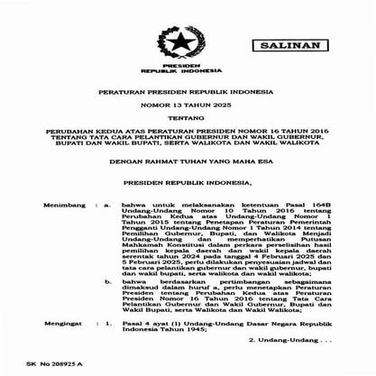 Salinan Perpres Nomor 13 Tahun 2025 pdf kumparan.com