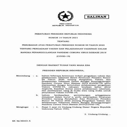 Salinan Perpres Nomor 14 Tahun 2021 | PDF