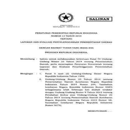 PP Nomor 13 Tahun 2019 tentang penyelenggaraan pemerintah daerah | PDF