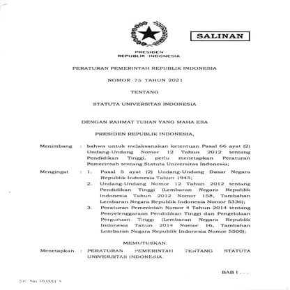 Salinan pp nomor 75 tahun 2021 tentang statuta ui | PDF