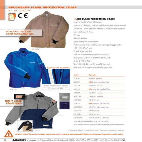 Salisbury Pro-Wear Arc flash Protection Coats 8 - 100cal/cm² | PDF