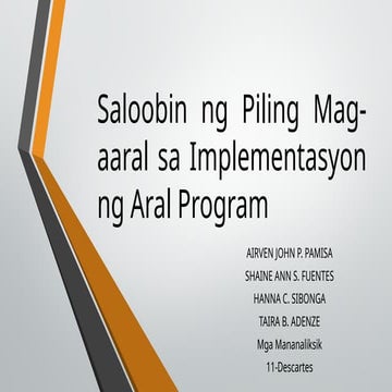 Saloobin ng Piling Mag-aaral sa Implementasyon ng ARAL Program sa ...