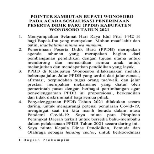 Sambutan bupati sosialisasi ppdb | PDF