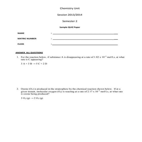 Sample Quiz Paper Set 6 Differential Rate Equation Pdf