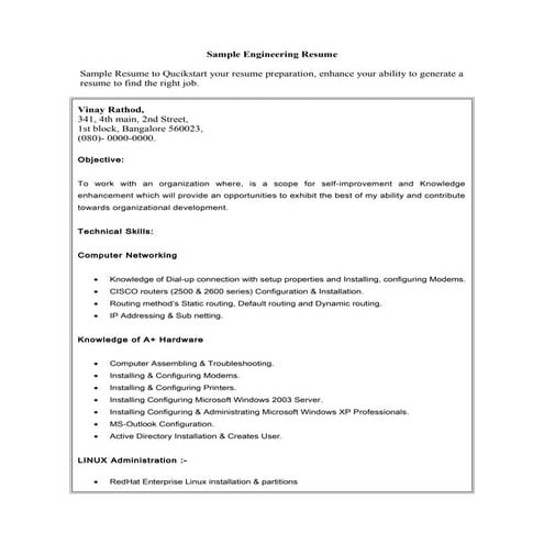 Sample engineering-resume3 | DOC | Computer Networking | Computing