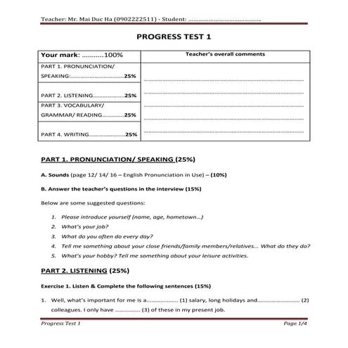 Sample English Test (Elementary 1) | PDF