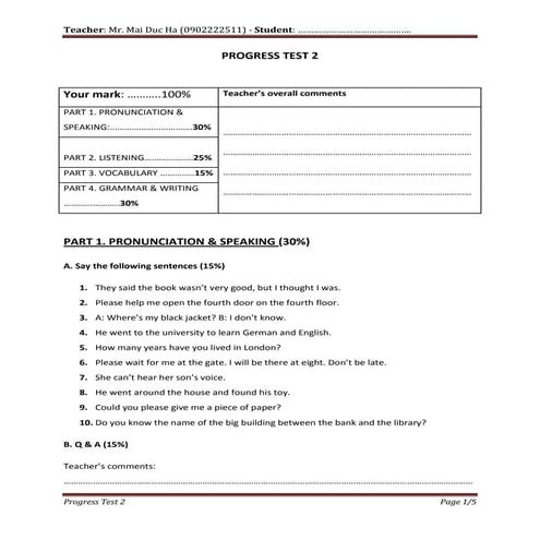 Sample English Test (Elementary 2) | PDF